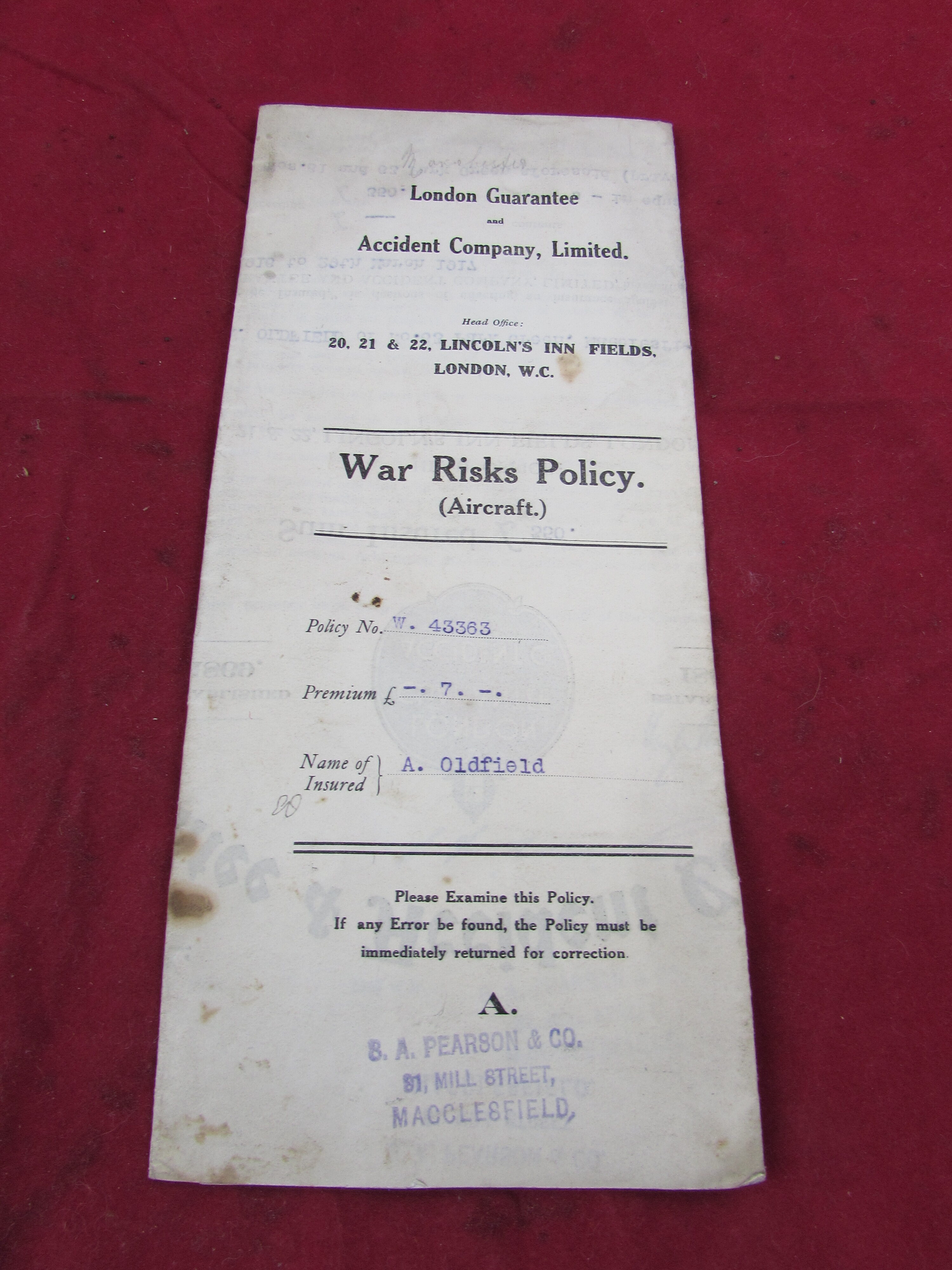 1916-1917 War Risks Insurance Policy (Aircraft) - Antiqurio Military ...