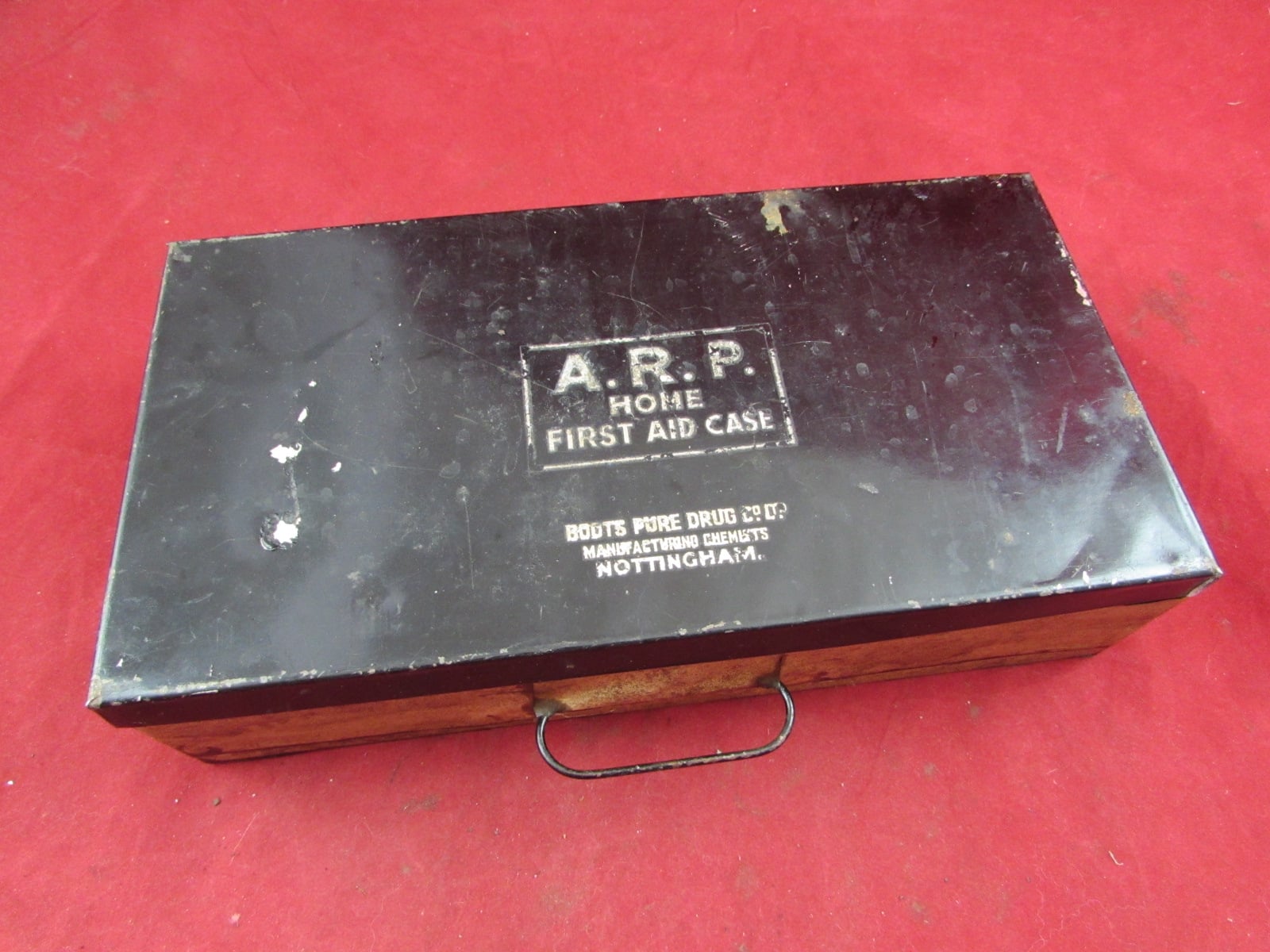 WWII ARP black metal First Aid Case - labelled "boots pure drugs Ltd ...